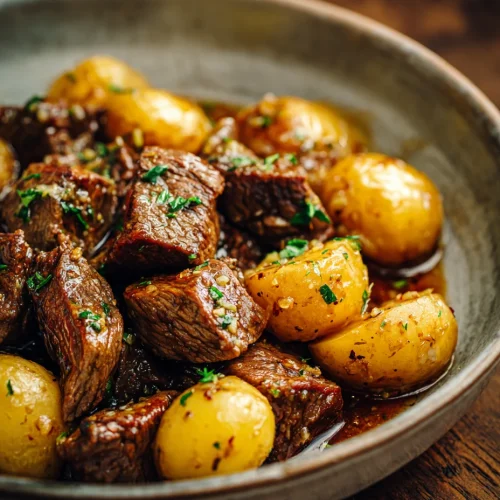 The Best Slow Cooker Garlic Butter Beef Bites and Potatoes